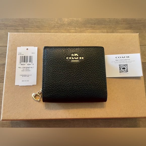 Coach | Bags | Coach Black Pebbled Leather Snap Wallet | Poshmark